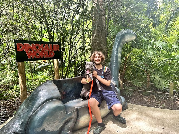 Dinosaur-shaped benches: where prehistoric meets practical. The perfect spot for a quick rest while your dog contemplates the evolutionary journey from dinosaur to canine.