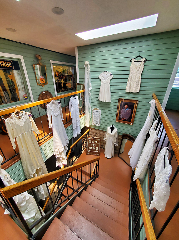 A stairway to heaven? No, just the bridal section, where vintage wedding dresses await their second chance at 