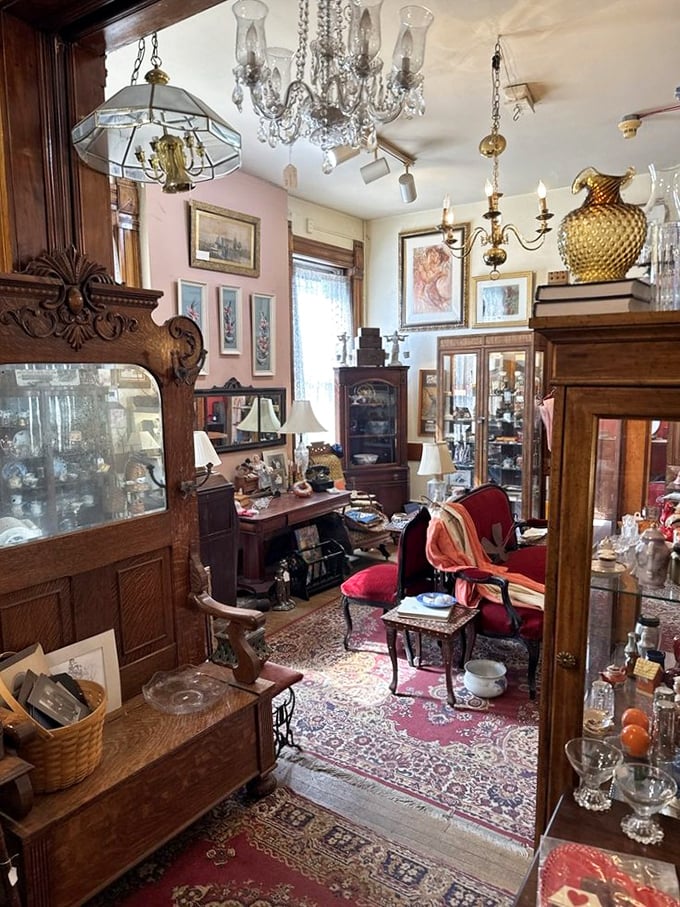 A Victorian parlor frozen in time. That red velvet chair has probably heard more fascinating conversations than most therapists.