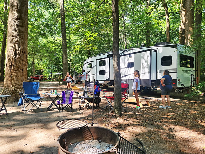 Camping nirvana achieved! Nothing says "we've escaped civilization" quite like an RV, camp chairs, and that first magical campfire.