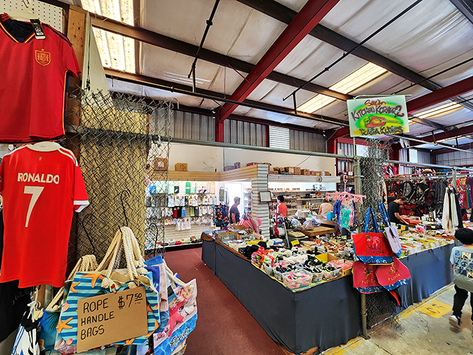 Soccer jerseys and beach gear share space in this eclectic booth. Ronaldo's name might help your backyard soccer game, but no promises on the skills.