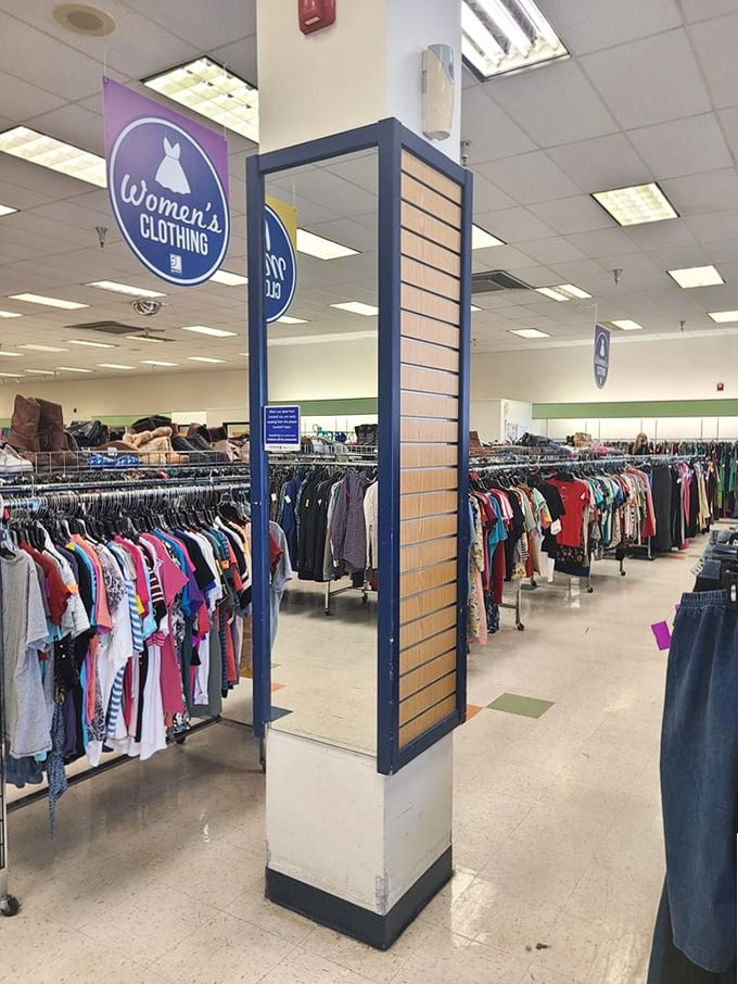 The women's clothing department is a colorful tapestry of fashion from every era, organized by size for easy browsing.
