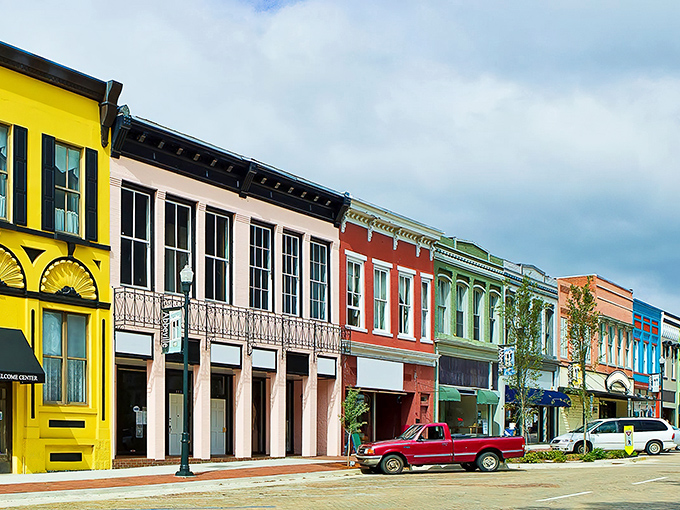 Abbeville's historic downtown square features colorful buildings that look like they're straight from a storybook.