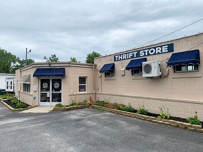 Bridging the Gap's modest storefront with classic blue awnings invites you into a world of affordable possibilities.