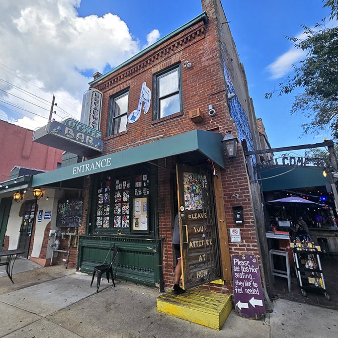 Broadway Oyster Bar's historic brick facade hides a world of Cajun delights and blues music inside.