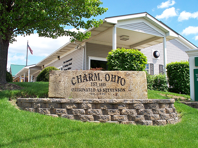 Charm, Ohio: Truth in advertising at its finest. Even the welcome sign looks like it's giving you a hug. 