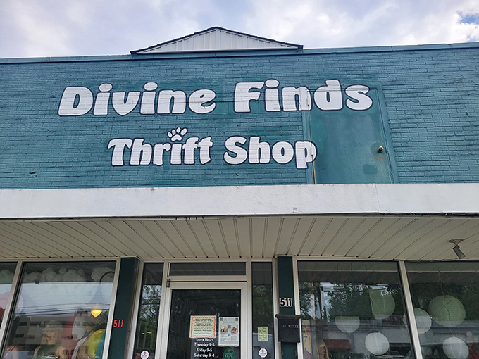 That turquoise façade isn't lying—the finds inside truly are divine! Window displays hint at the curated collections inside.