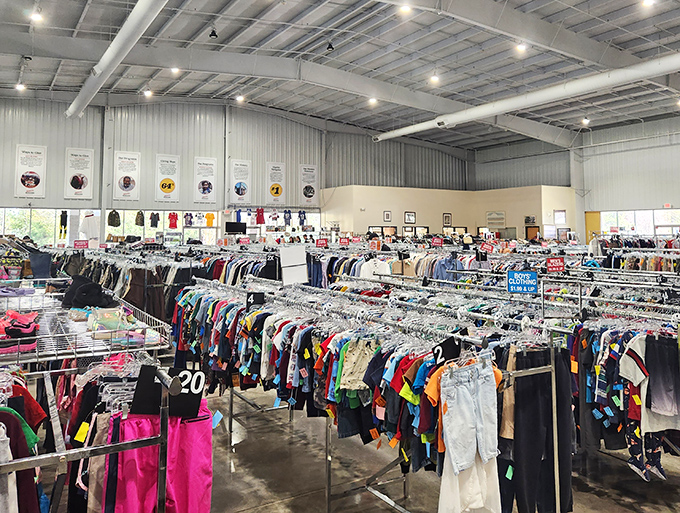 Rows upon rows of colorful clothing—a rainbow of fashion possibilities waiting for their second chance at stardom.