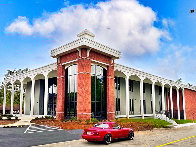 This bold brick-and-glass landmark in Hiawassee looks like it’s ready to host everything from town meetings to tall tales.