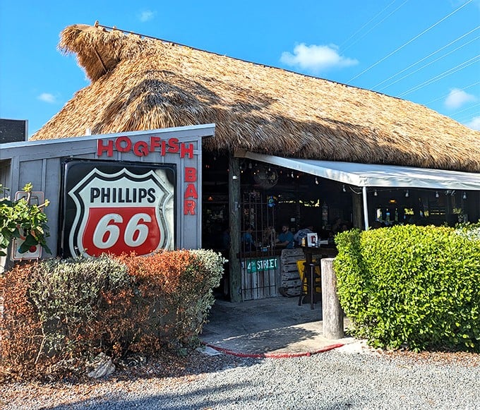 That thatched roof isn't just island style – it's a signal that you've found the real Keys, where hogfish reigns supreme.