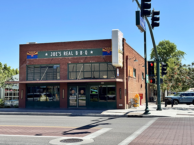 Joe's Real BBQ's historic brick building anchors downtown Gilbert – where Arizona pride meets pecan-smoked perfection.