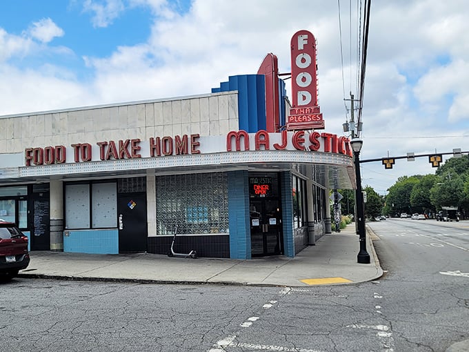 The Majestic lives up to its name with that glorious vintage signage—a beacon for late-night breakfast hunters.