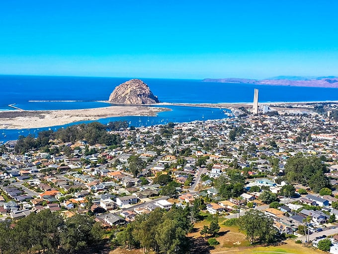 Morro Bay from above—where that magnificent rock plays centerpiece to a town that hit the geological lottery jackpot.