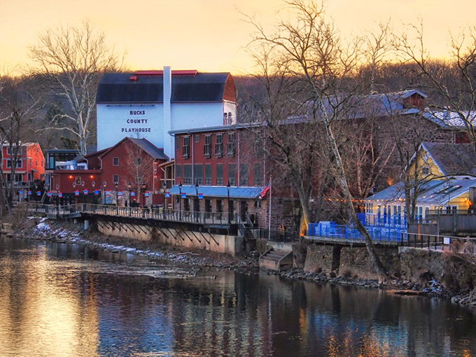 New Hope's riverside charm is on full display at dusk, when the Bucks County Playhouse glows with theatrical promise.