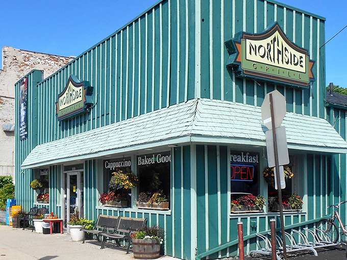 Northside Grill's teal siding and flower boxes create the perfect storybook setting for breakfast magic.