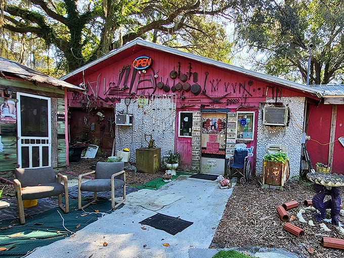 Pink walls, found objects, and pure coastal Georgia eccentricity – like if Wes Anderson designed a seafood shack.
