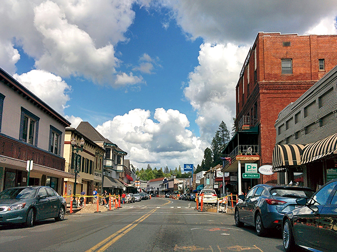 Historic Placerville's main street under blue skies – where gold fever once raged and now charm reigns supreme!