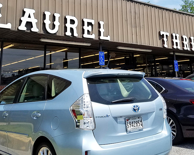 Laurel Thrift's straightforward storefront doesn't need fancy frills—the real magic happens inside where bargains await by the rackful.