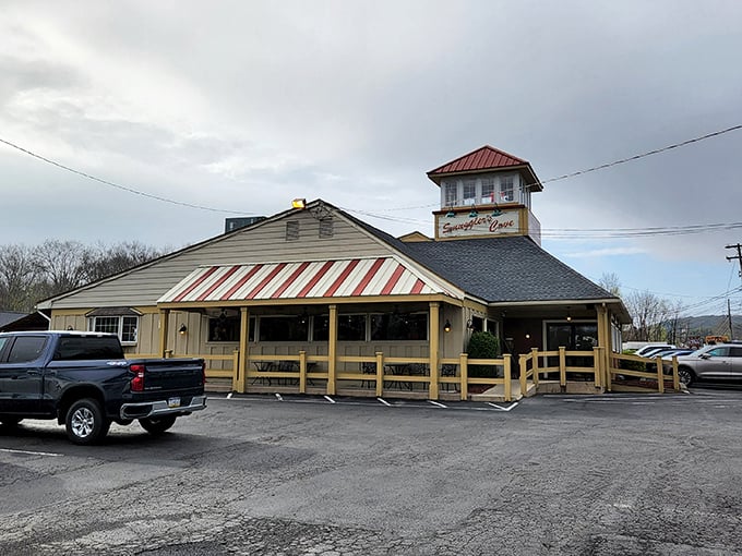 Smuggler's Cove looks like a beach house that took a wrong turn and landed happily in the Poconos.