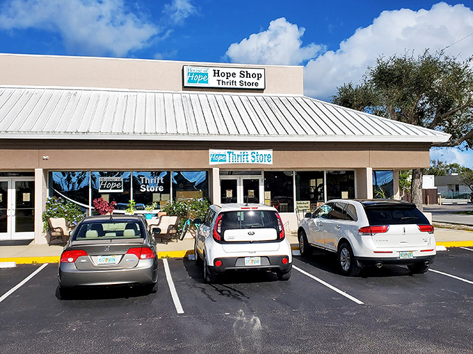Hope Shop's charming storefront offers both bargains and curb appeal. Thrifting with a side of sunshine!