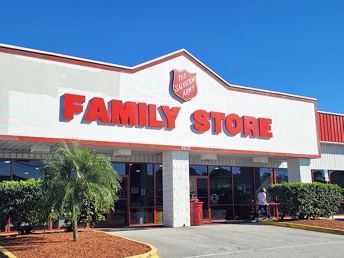 The Salvation Army's bold red lettering stands out like a beacon for bargain hunters seeking quality finds.
