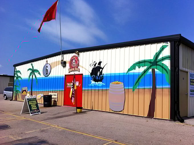 Treasure Aisles' beachy facade promises a vacation from ordinary shopping—palm trees in Ohio? Why not!
