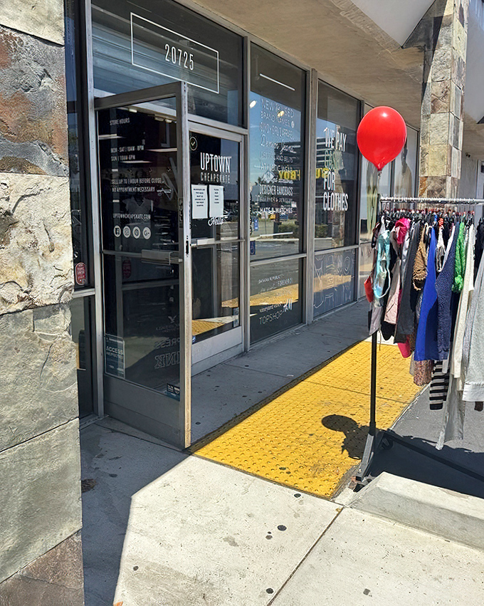 Uptown Cheapskate brings boutique vibes to the thrift scene. That red balloon isn't celebrating a birthday—it's celebrating savings!