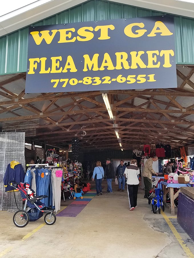 Bold yellow letters announce your arrival at West Georgia Flea Market – let the treasure hunt begin!