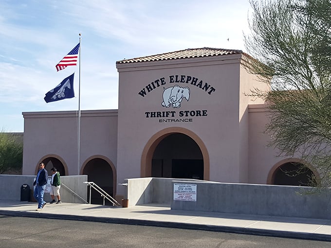The White Elephant stands proud under blue skies, a desert oasis of incredible deals that locals line up for.