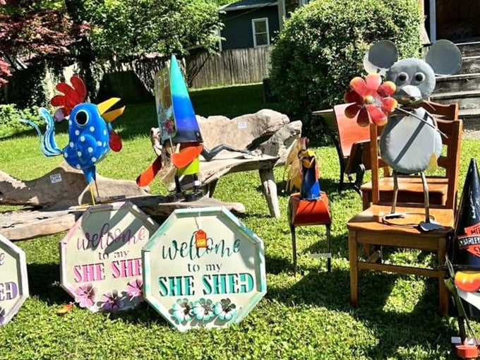 Whimsical garden art and cheerful "She Shed" signs await new homes at Woodruff Place—lawn ornaments with personality to spare!