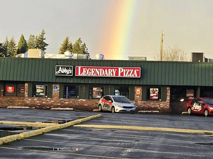 Sometimes nature itself endorses Abby's with a rainbow—as if we needed another sign that legendary pizza awaits inside.