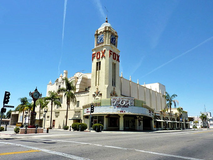 The Fox Theatre in Bakersfield—Spanish Revival architecture with a side of showbiz glam, complete with palm tree entourage.