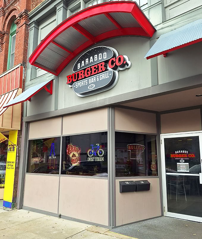 The bright red trim pops against the historic building – Baraboo Burger Company brings modern flavor to a classic small-town setting.