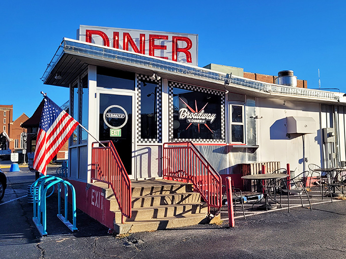 Morning sunlight makes Broadway Diner's iconic silver exterior gleam like the chrome on a vintage Cadillac.