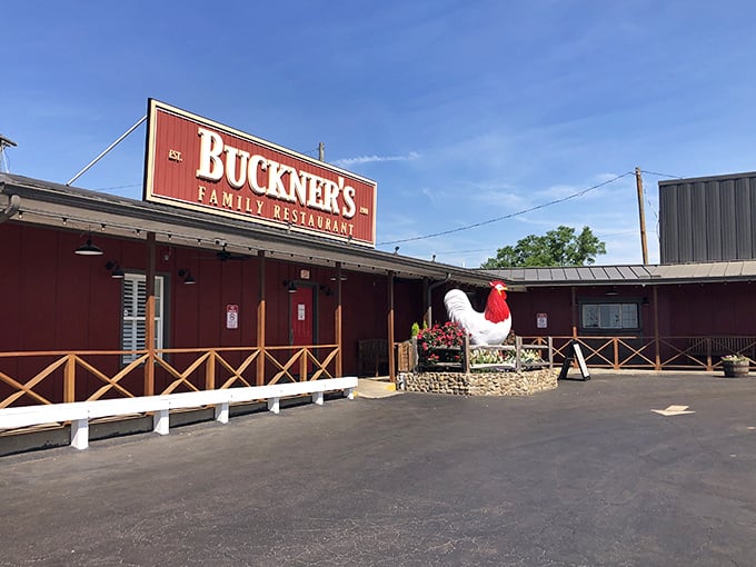 When a restaurant needs a rooster this big, you know they mean serious poultry business inside.