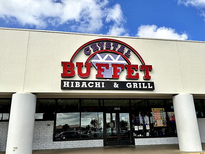 Behind those columns lies a kingdom of Asian flavors. Crystal Buffet's sign promises exactly what you'll find inside—a gem of a meal experience.