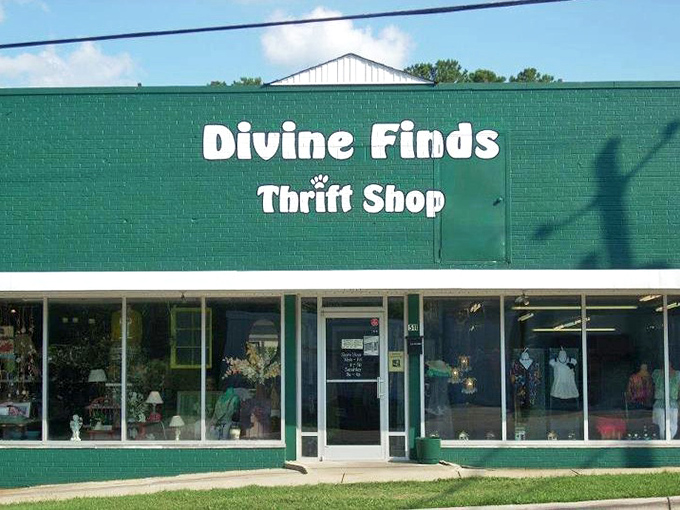 Divine Finds' emerald exterior stands out like a jewel box of secondhand treasures in Sanford's shopping landscape.