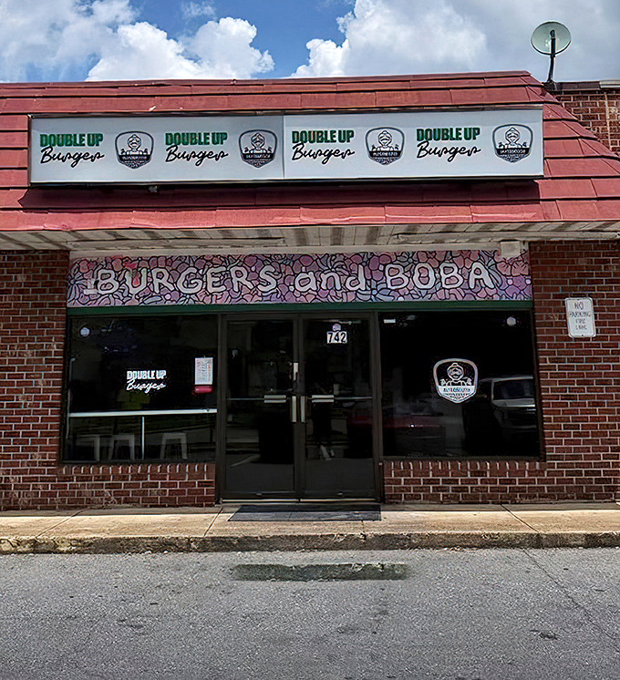 The quirky "Burgers and Boba" sign tells you everything you need to know—this place marches to the beat of its own delicious drum.