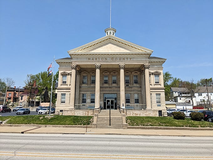 Classical columns and timeless justice: Marion County Courthouse stands proud as Hannibal's governmental cornerstone.
