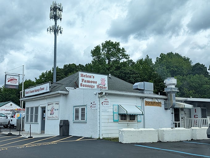 The white cinderblock fortress of Helen's Sausage House – where breakfast legends are born and hunger goes to surrender.