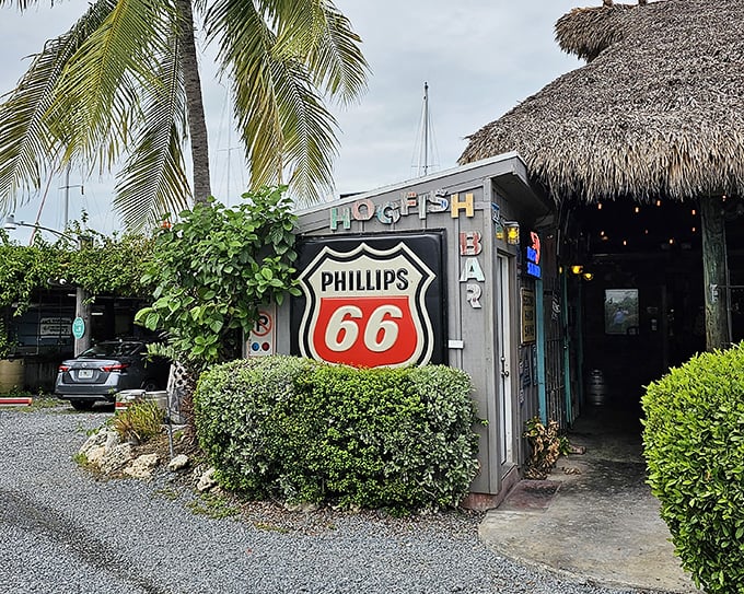 The Phillips 66 sign might confuse you, but trust me – the only fuel you need here is their legendary hogfish sandwich.