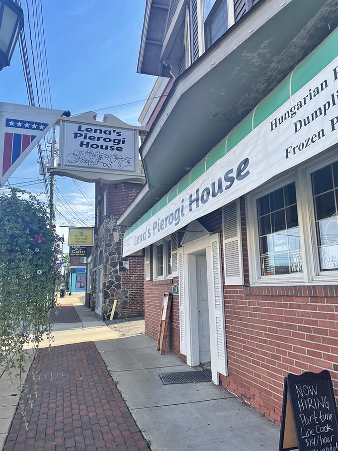 The hanging sign at Lena's promises handmade pierogi heaven – the kind worth taking a detour for on any Ohio road trip.