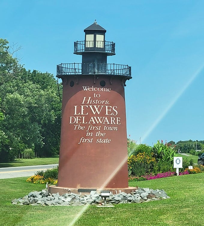 A lighthouse-style landmark greets visitors with a reminder of Lewes’ historic pride as the first town in Delaware.