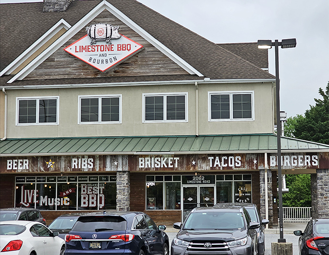 "Beer, Ribs, Brisket, Tacos" – Limestone's storefront reads like the Mount Rushmore of comfort foods.