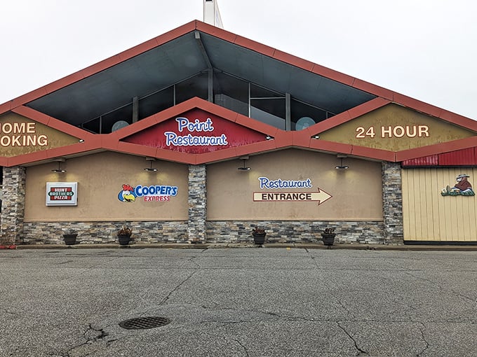 The "Restaurant Entrance" sign points the way to pancakes bigger than your plate and coffee that never stops flowing.