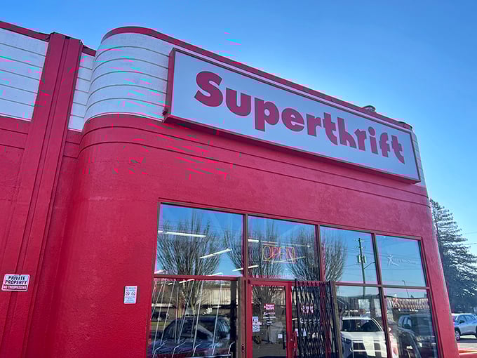 The curved, art deco-inspired entrance to SuperThrift hints at the time-traveling treasures inside.