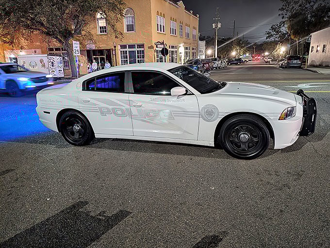Even Tarpon Springs' police cars look like they're on vacation! Parked under the glow of street lights, keeping watch over antique-filled dreams.