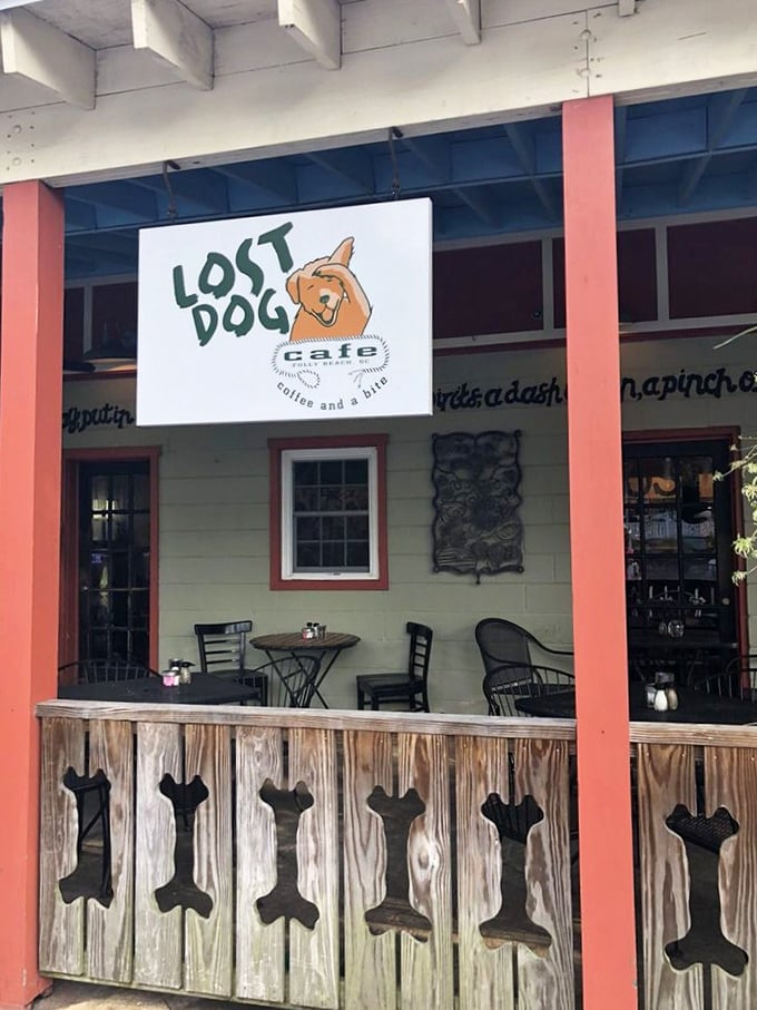 That playful sign promises "coffee and a bite"—an understatement for some of Folly Beach's most crave-worthy breakfast creations.