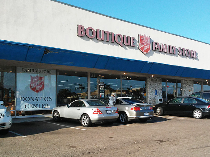 Cars line up outside this Salvation Army store, filled with shoppers who know the thrill of the hunt is worth the trip.