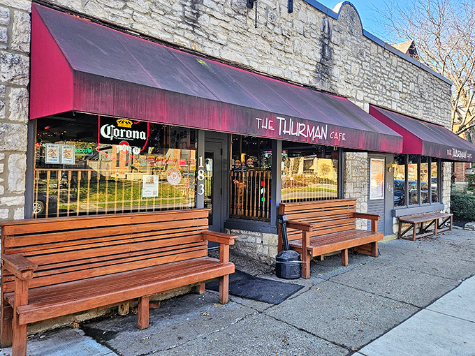 Those wooden benches outside aren't just for sitting – they're for recovering after tackling Thurman's legendary burger mountains.